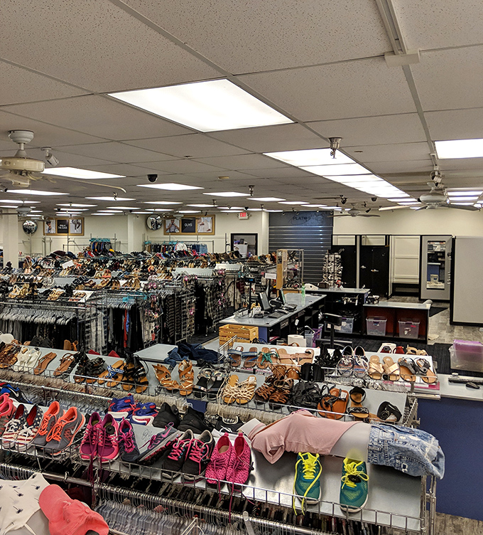 A shopper's paradise unfolds with endless racks strategically organized&mdash;none of that archaeological dig experience you get at typical thrift stores.