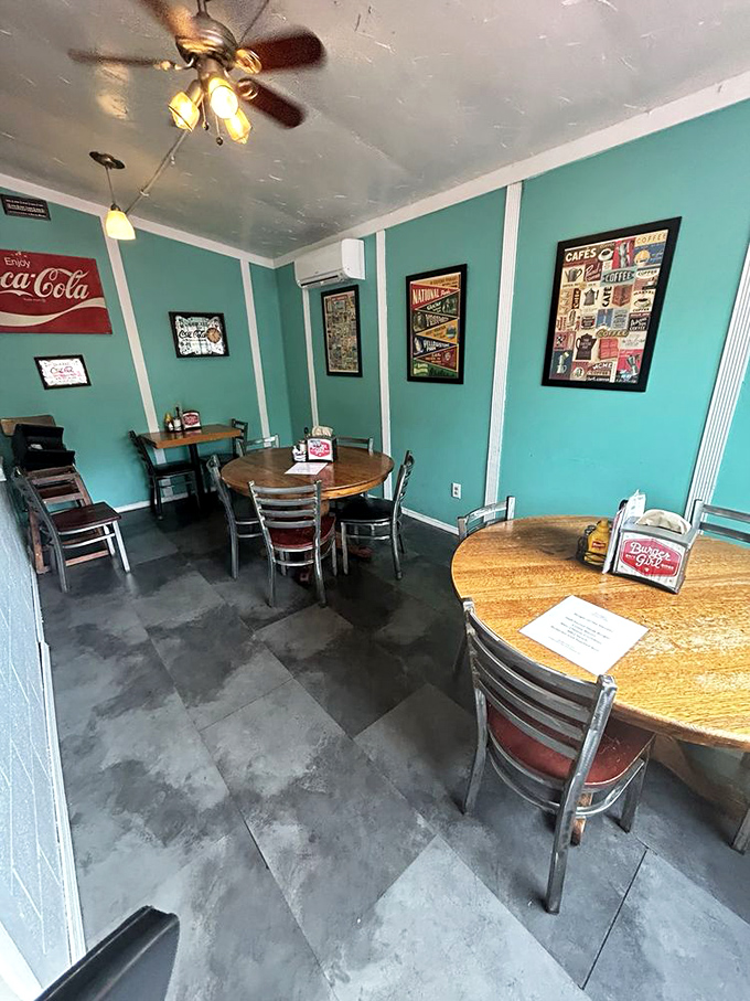 Turquoise walls adorned with vintage memorabilia create the perfect backdrop for life-changing conversations over coffee and hash browns.