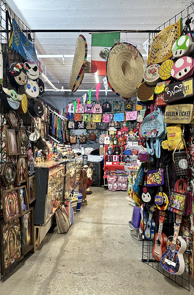 A kaleidoscope of cultural treasures lines this aisle, where Mexican sombreros hang alongside pop culture memorabilia. Every turn reveals a new possibility.