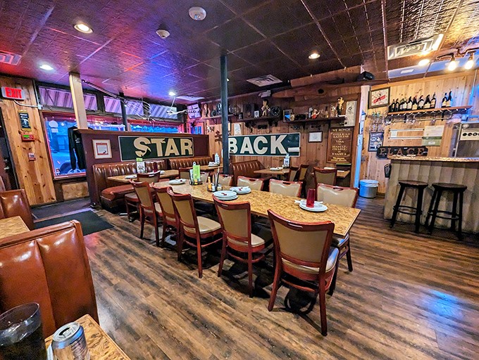 Inside, wood-paneled walls and vintage memorabilia create the perfect time capsule &ndash; like dining in your coolest uncle's basement circa 1978.