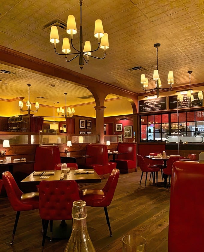 Step inside and the warm amber glow transforms Tuesday night into a special occasion, with red leather booths practically begging you to settle in for the evening.