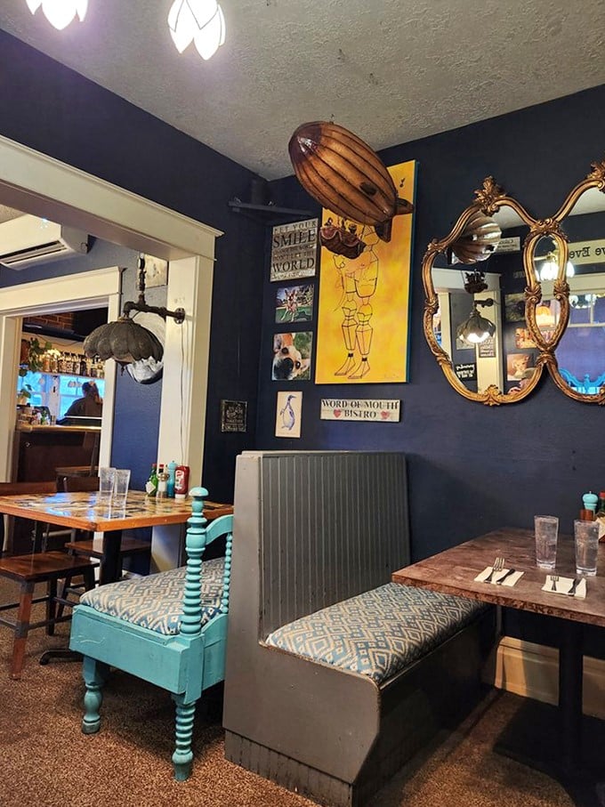 Eclectic doesn't begin to describe it. Navy walls, vintage mirrors, and a wooden dirigible create the perfect backdrop for life-changing breakfast conversations.