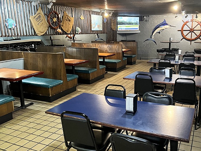 Nautical nostalgia meets no-nonsense dining. The wood-paneled interior with teal accents feels like the galley of a working fishing vessel&mdash;one that happens to serve incredible seafood.