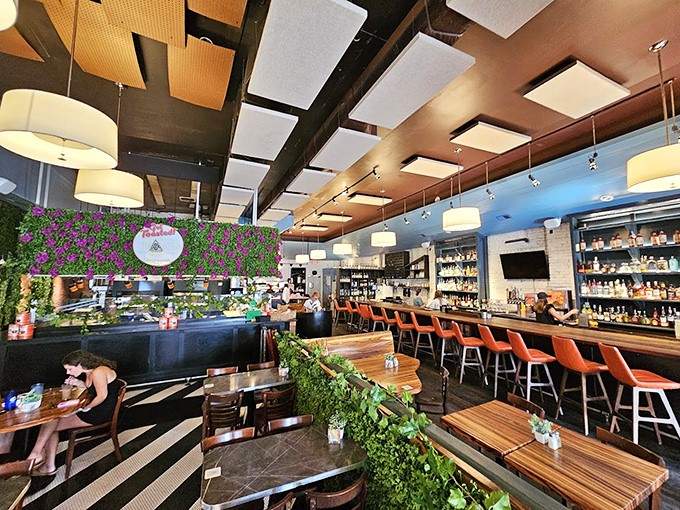 Modern meets cozy in this thoughtfully designed interior where acoustic panels ensure you'll hear your dining companion's gasp when the food arrives.