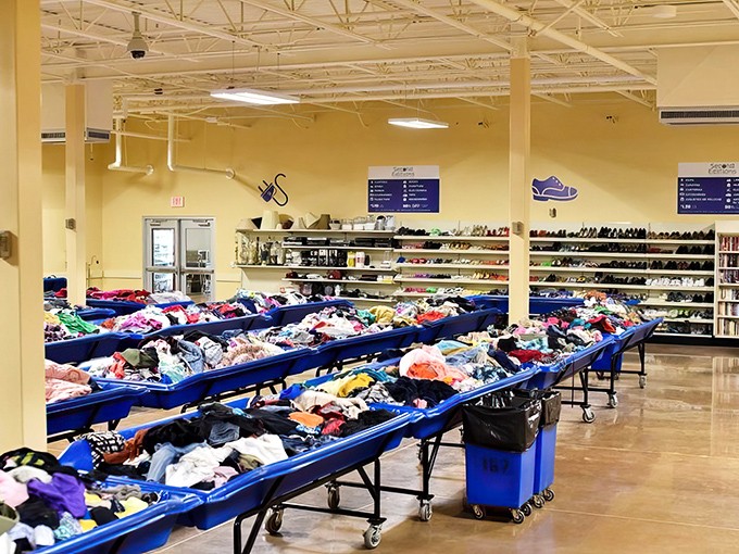 Blue bins as far as the eye can see &ndash; each one a potential goldmine of fashion finds priced by the pound.