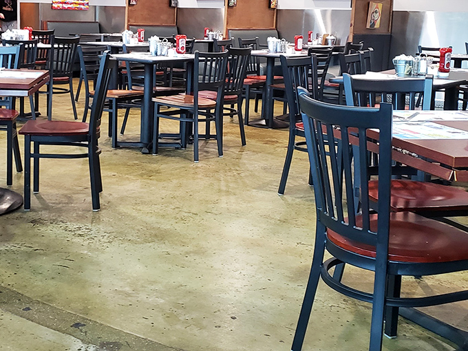 Simple wooden tables and chairs create a no-frills dining room where the food, not the decor, takes center stage.