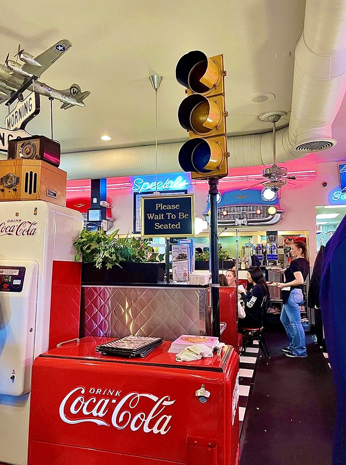 Step inside and time travel to the 1950s&mdash;complete with a traffic light, vintage Coca-Cola cooler, and enough chrome to blind you on a sunny day.