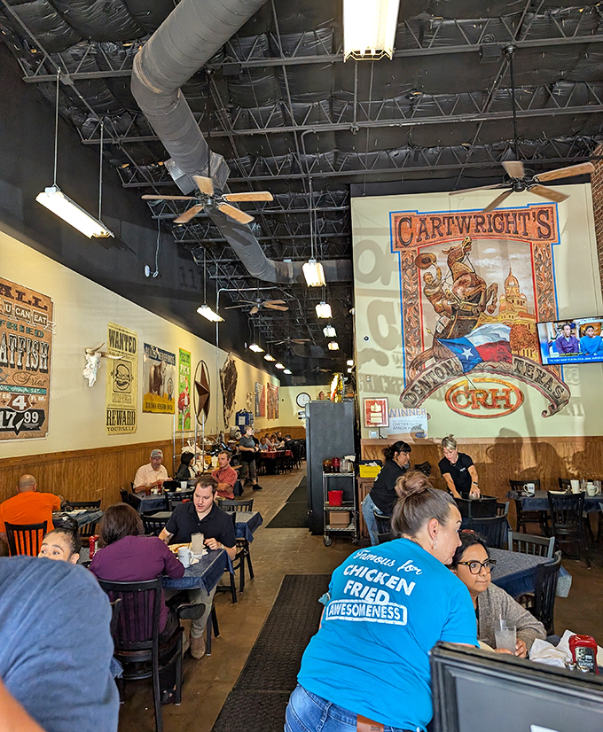 Inside, exposed ductwork meets Western charm as diners enjoy hearty meals beneath ceiling fans that have witnessed countless "mmm" moments and clean-plate victories.