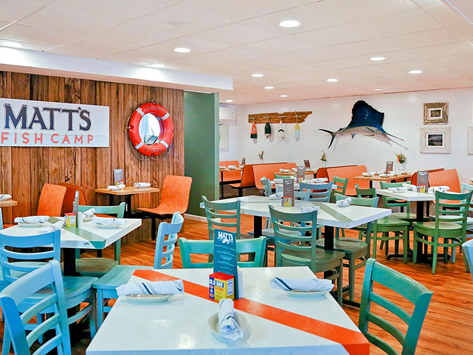 Inside, seafoam green chairs and nautical accents create the perfect backdrop for seafood indulgence &ndash; like dining in a stylish captain's quarters.