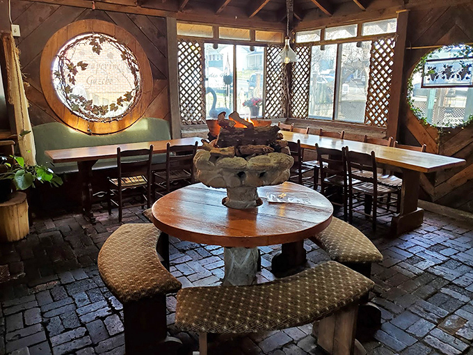 Dining in what feels like a colonial time capsule, complete with brick floors and wooden beams. This corner table might be where Washington would've plotted revolution&mdash;or just ordered dessert.