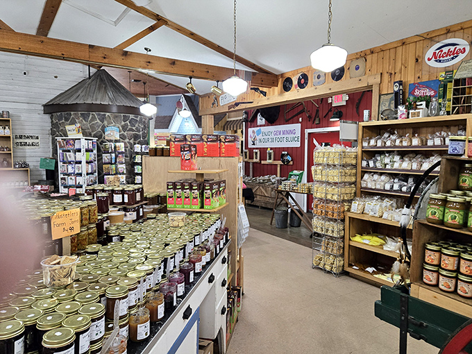 Wooden shelves groaning with possibility. Every jar, bag, and container in this rustic interior holds a story &ndash; and probably something delicious.