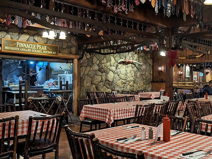 Red checkered tablecloths and stone walls set the stage for meat-eating magic. The dining room feels like the world's most delicious time machine.