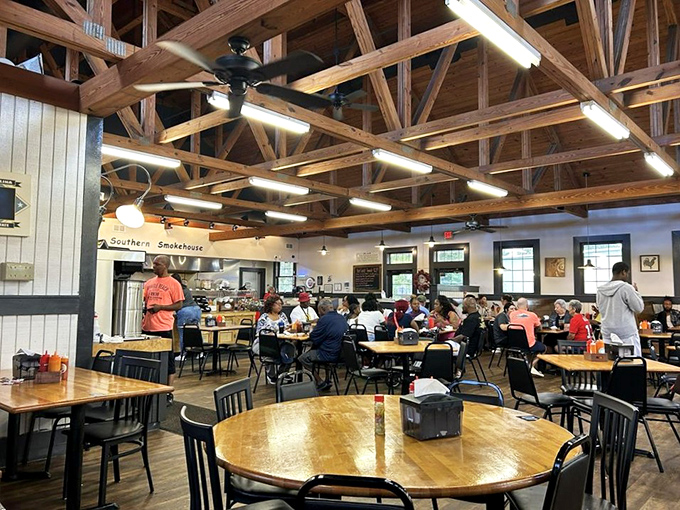 Exposed wooden beams and simple tables tell you everything you need to know&mdash;this place prioritizes what's on your plate, not what's on the walls.