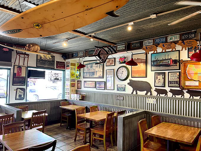Where surfboards meet smoke rings. This interior blends California coastal charm with serious BBQ credentials &ndash; those pig silhouettes aren't just for decoration, folks.