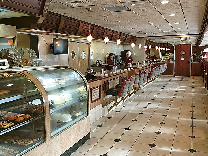 Classic diner counter magic awaits &ndash; where spinning stools and pendant lights create the perfect backdrop for life-changing pie conversations.
