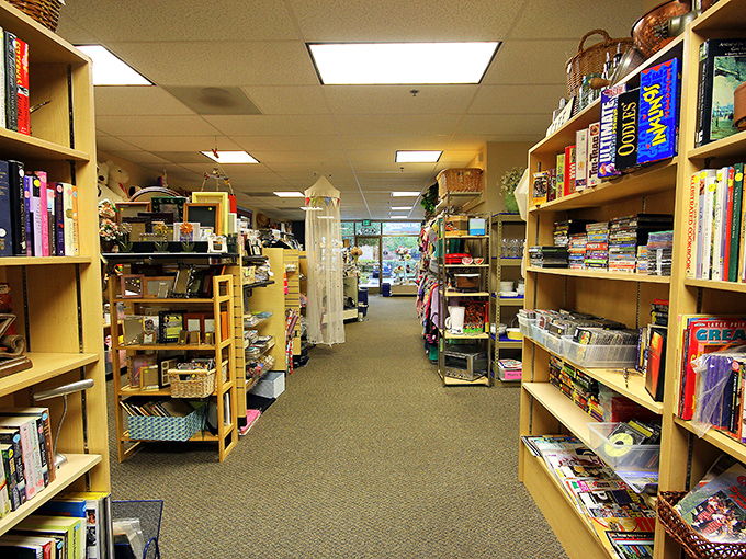 Aisles of possibility await inside, where books, games, and household treasures create a wonderland for the curious shopper.