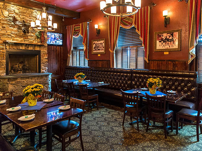 Step inside to find the perfect blend of old-world charm and modern comfort, where leather booths and stone fireplaces create an atmosphere that feels like a warm hug.