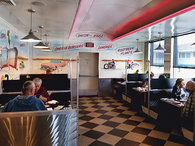 Step inside and you're transported to the golden age of diners&mdash;checkered floors, vintage murals, and hanging signs announcing life's simple pleasures: "CHEESEBURGERS" and "ROOTBEER FLOATS."