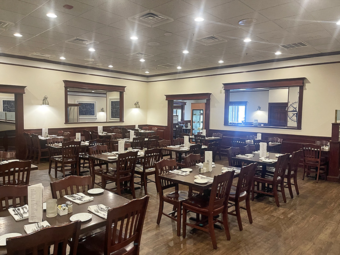 Inside, warm wood tones and comfortable seating create that perfect sweet spot between casual and special occasion dining—like your favorite sweater that somehow works for both.