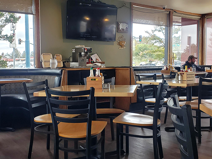 Classic diner seating invites you to slide into a booth or pull up a chair, where conversations flow as freely as the coffee.