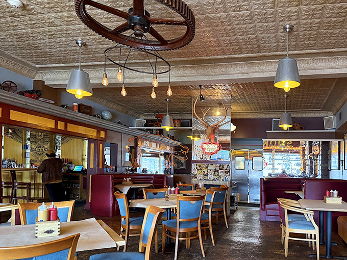 Step inside to discover a rustic-industrial haven where pressed tin ceilings, vintage fixtures, and the promise of smoky delights await hungry visitors.