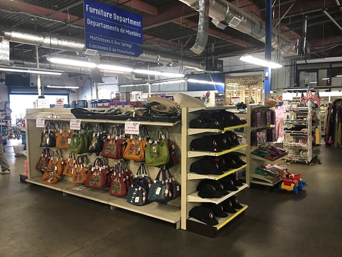 Handbag heaven awaits! Like a fashionista's fever dream, these colorful accessories line up patiently, each with stories from previous lives waiting to be continued.