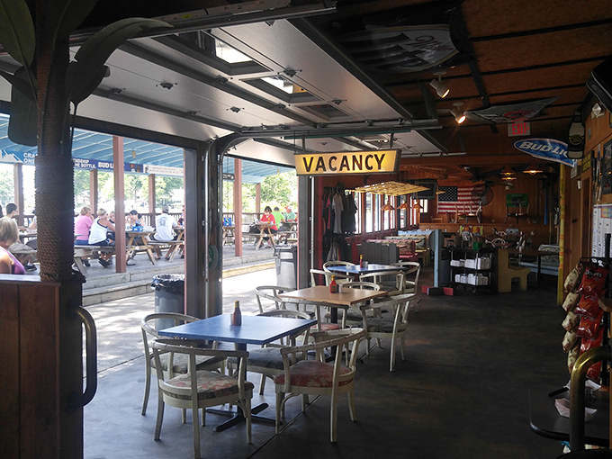 Step inside and the vacation vibes continue with that "VACANCY" sign&mdash;a playful reminder you're on lake time now.