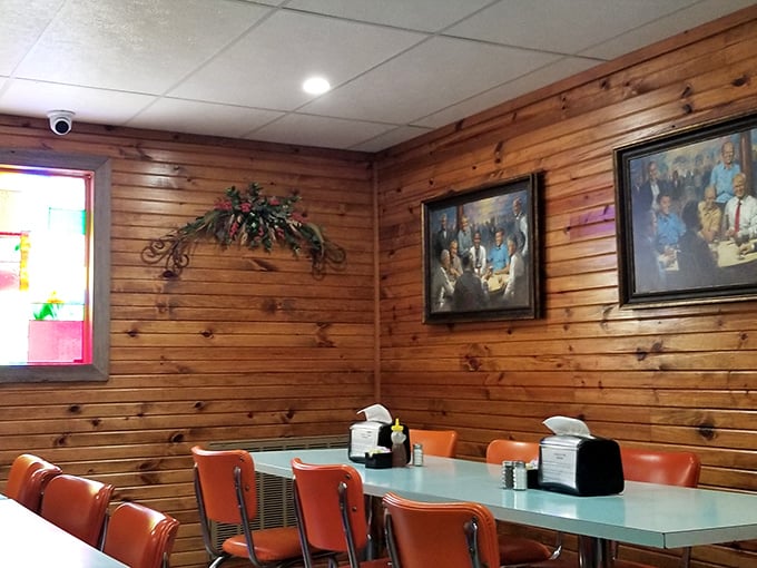 Wood-paneled walls and orange vinyl chairs create the perfect small-town ambiance—where conversations flow as freely as the coffee.