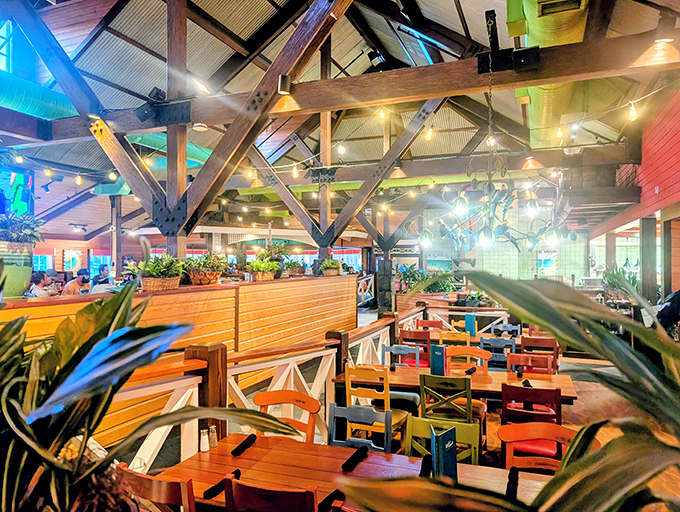 Exposed wooden beams and colorful chairs create the perfect tropical escape &ndash; like walking into a postcard you can actually eat in.