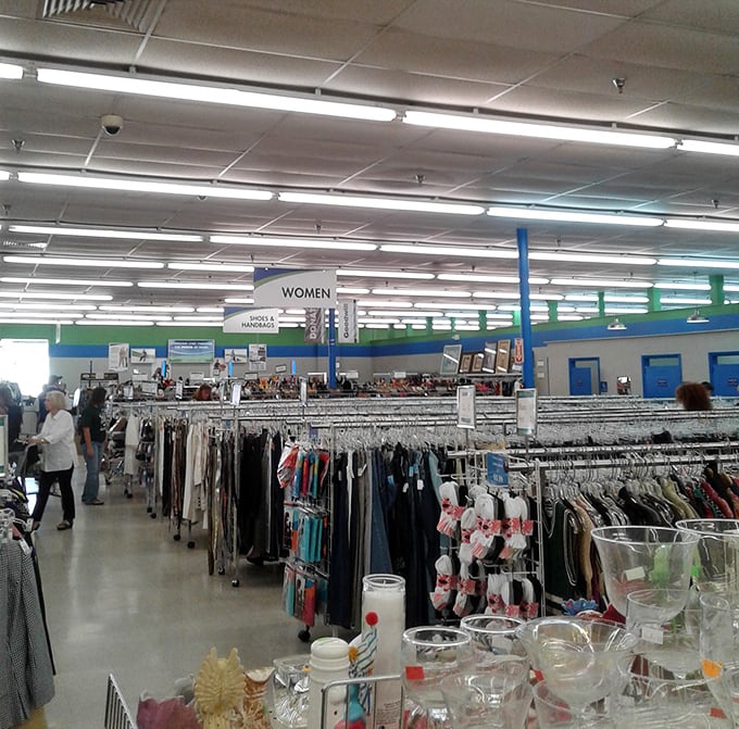 Organized chaos at its finest! The women's section stretches like a fashion runway where yesterday's splurges become today's steals.