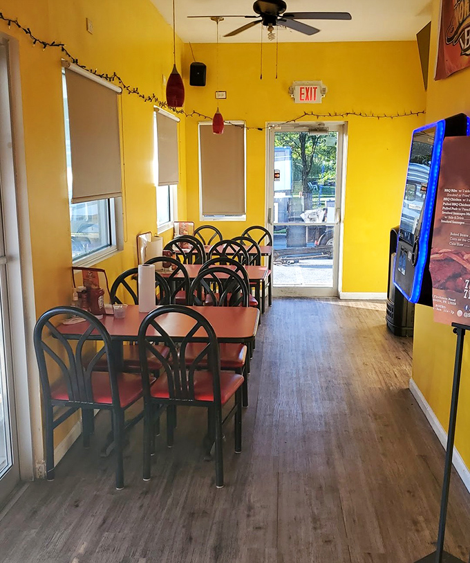 Step into sunshine! The cheerful yellow walls and simple furnishings say, "We're not fancy, but our smoker means business."