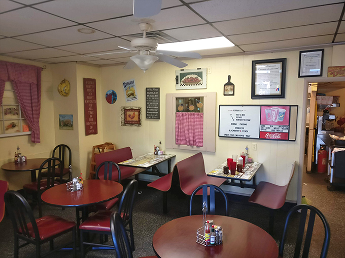 Step inside and you've entered the breakfast time machine. Red chairs, checkered curtains, and ceiling fans spinning stories of Southern comfort.