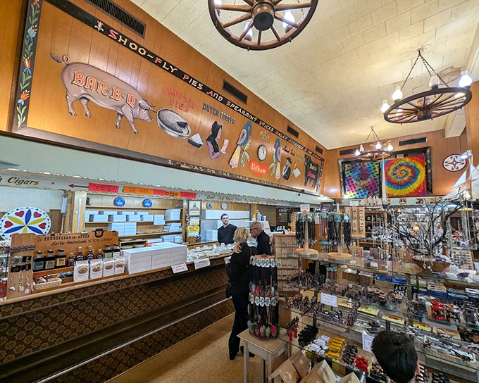 Step inside this folk art wonderland where wagon wheels and hex signs create authentic Amish country charm.