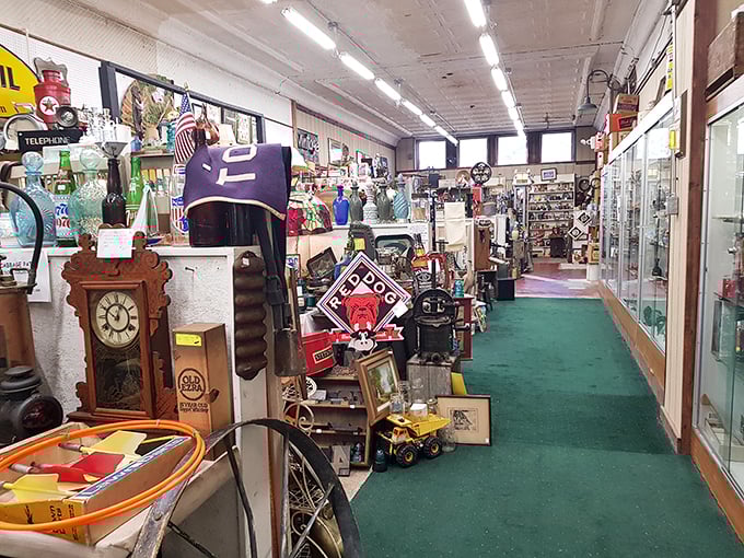 Treasure hunting begins on this green-carpeted runway of nostalgia, where every clock, sign, and toy has a story waiting to be discovered.