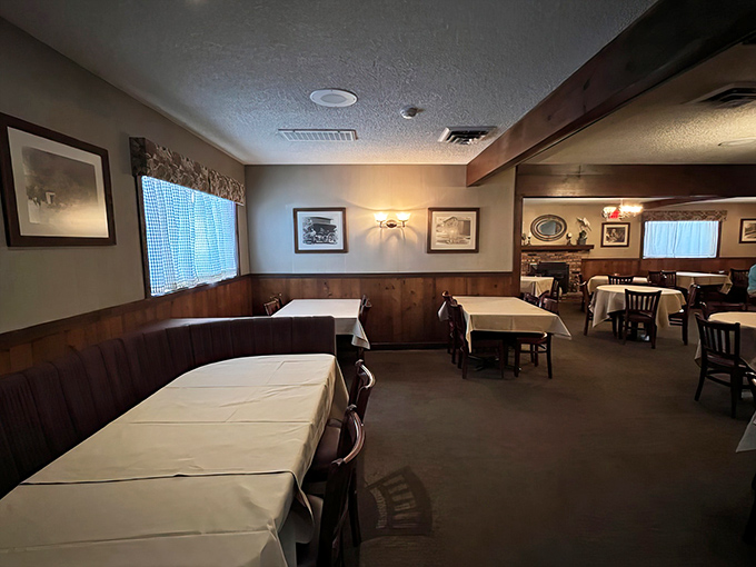 White tablecloths meet wood-paneled walls in this dining room where comfort meets class. No pretension here&mdash;just the promise of serious steak.