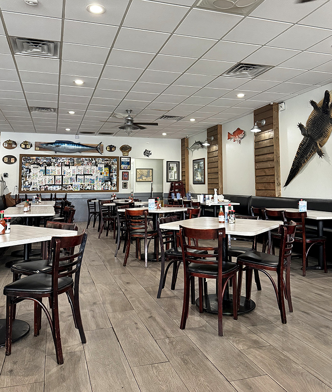 Simple wooden tables, mounted fish, and zero pretension &ndash; the dining room at Southern Coast Seafood lets the food do all the talking. 
