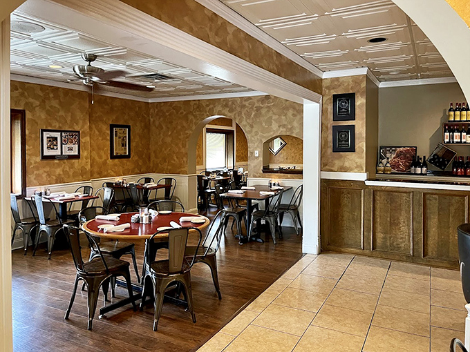 Golden walls, classic tin ceiling, and comfortable seating create the perfect backdrop for the Italian feast that awaits hungry diners.