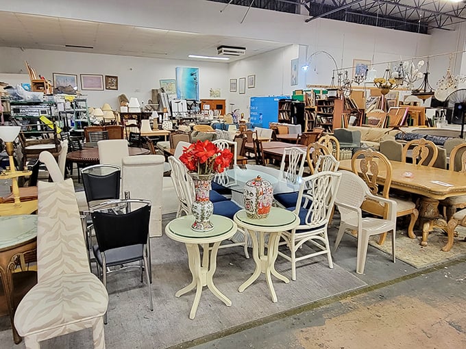 The furniture section resembles a well-curated living room museum. That white dining set is practically begging for a family to gather around it.