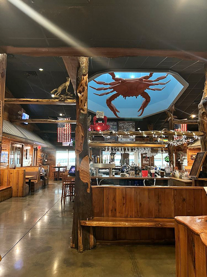 That giant red crab watching over the bar isn't judging your drink order&mdash;it's just making sure you're having a good time in this rustic maritime haven.