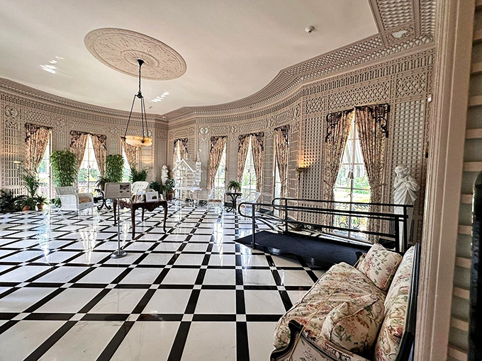 The conservatory's black and white marble floor practically begs you to attempt a ballroom dance, though my waltz would surely disappoint the ghosts of galas past.