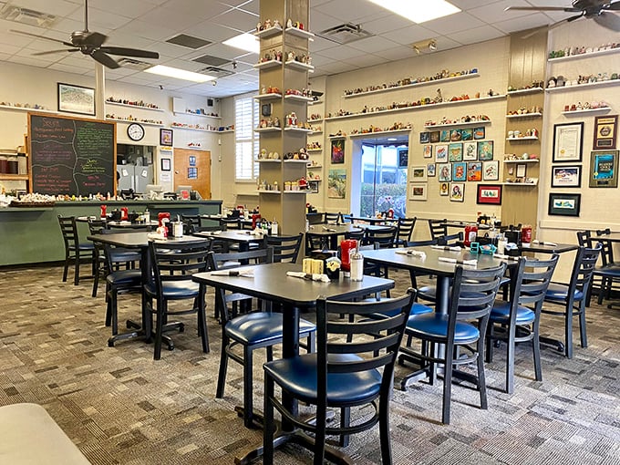 Salt and pepper shakers line every shelf, silently watching over diners enjoying their morning feast. The collection alone is worth the visit.