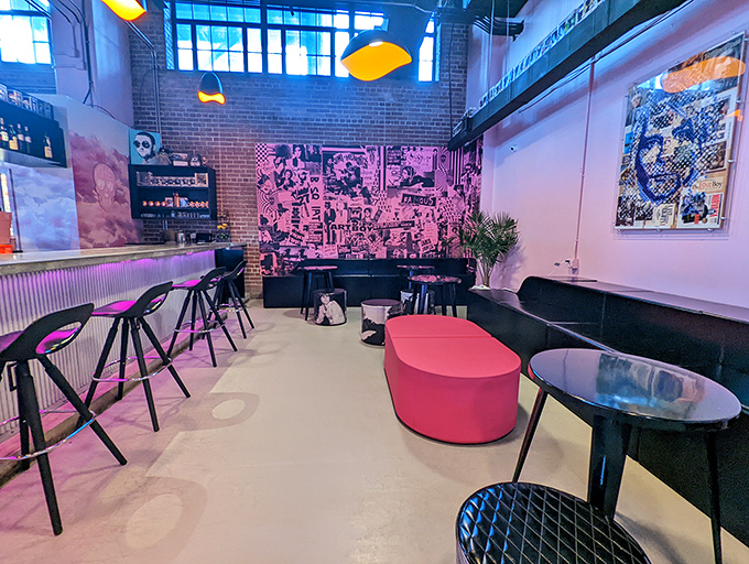 Industrial chic meets rock 'n' roll soul&mdash;exposed brick walls and pink accents create the perfect backdrop for both serious coffee talks and casual hangouts.