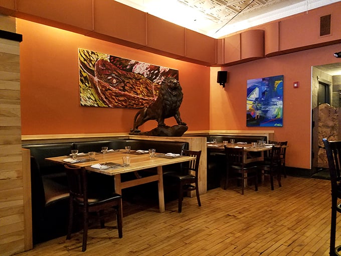 Modern art meets historic architecture in Dante's dining room. That lion sculpture isn't judging your pasta choice&mdash;but maybe order what he's having. 