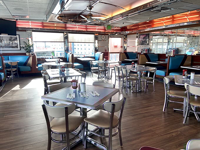 Classic blue booths and chrome accents aren't retro by design&mdash;they're authentic survivors from an era when diners were America's living rooms.