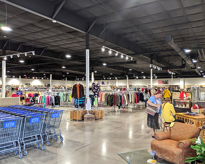 A thrifter's paradise stretches before you&mdash;racks of possibility, blue carts awaiting adventure, and furniture that whispers, "Take me home for less than dinner out."