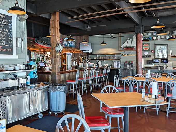 Nautical charm meets comfort in this dining room where wooden beams and maritime d&eacute;cor tell you you're in the right place for seafood magic.
