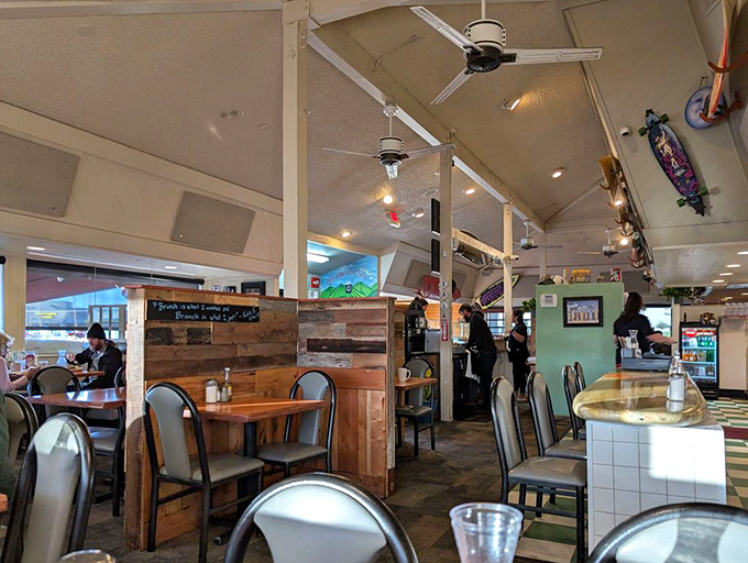 Where breakfast dreams come true. Simple wooden booths and no-nonsense chairs tell you they're focused on the food, not winning design awards.