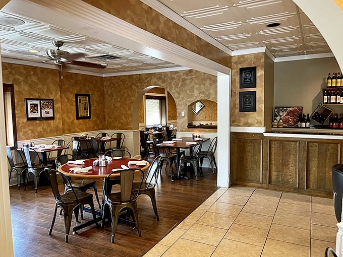 Golden walls, metal chairs, and wooden tables create that perfect "come as you are" atmosphere where memories are made between bites.