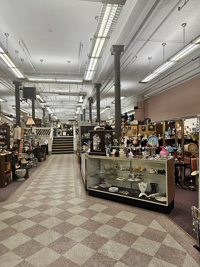 Columns and checkered floors create an elegant backdrop for treasure hunting. Like walking into your eccentric great-aunt's mansion, if she collected everything wonderful.