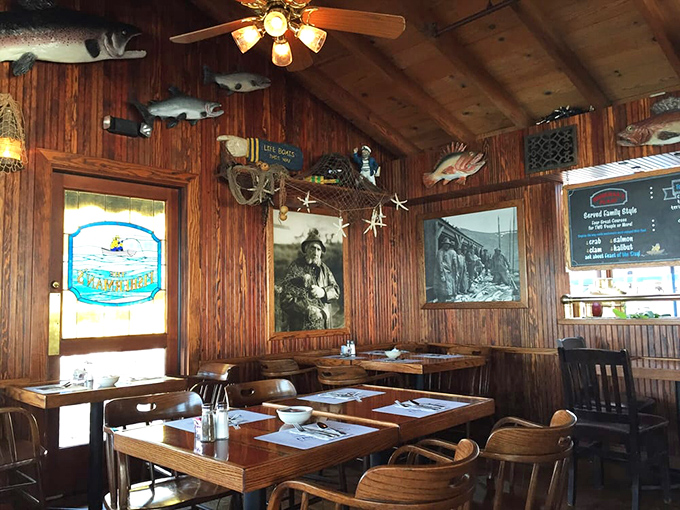 Wooden walls adorned with maritime treasures tell stories of the sea while you wait for your feast. It's like dining inside a ship captain's cherished cabin.